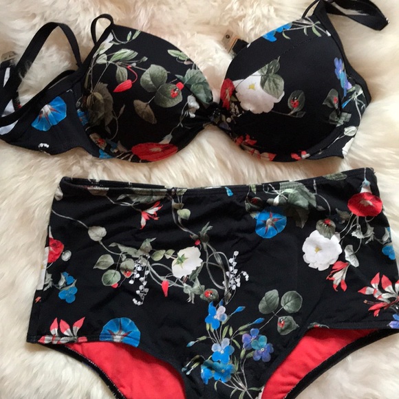 Moontide | Swim | Moontide Floral Black Highwasted Pushup Bikini | Poshmark
